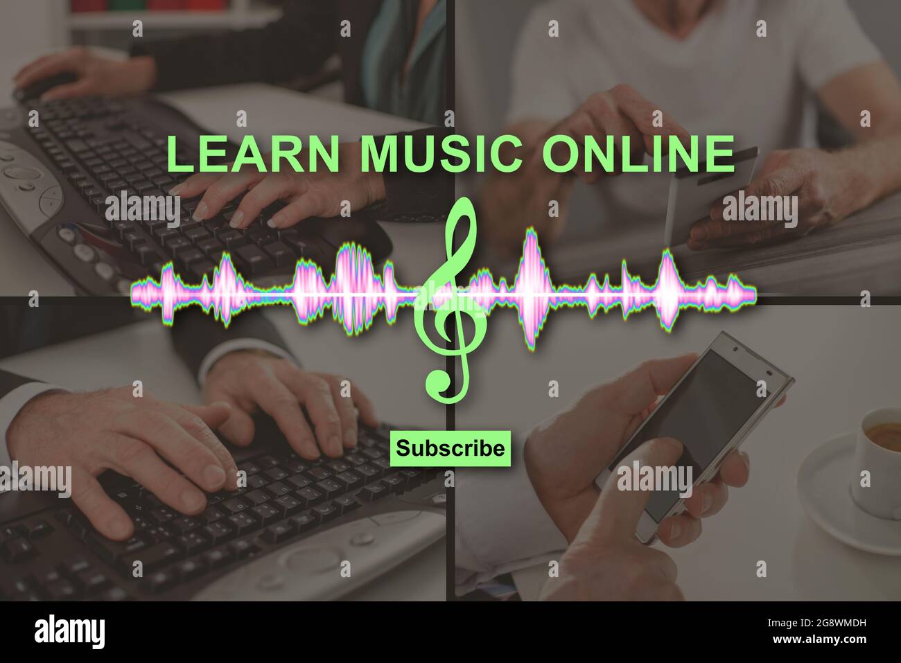 Online music lesson concept illustrated by pictures on background Stock ...
