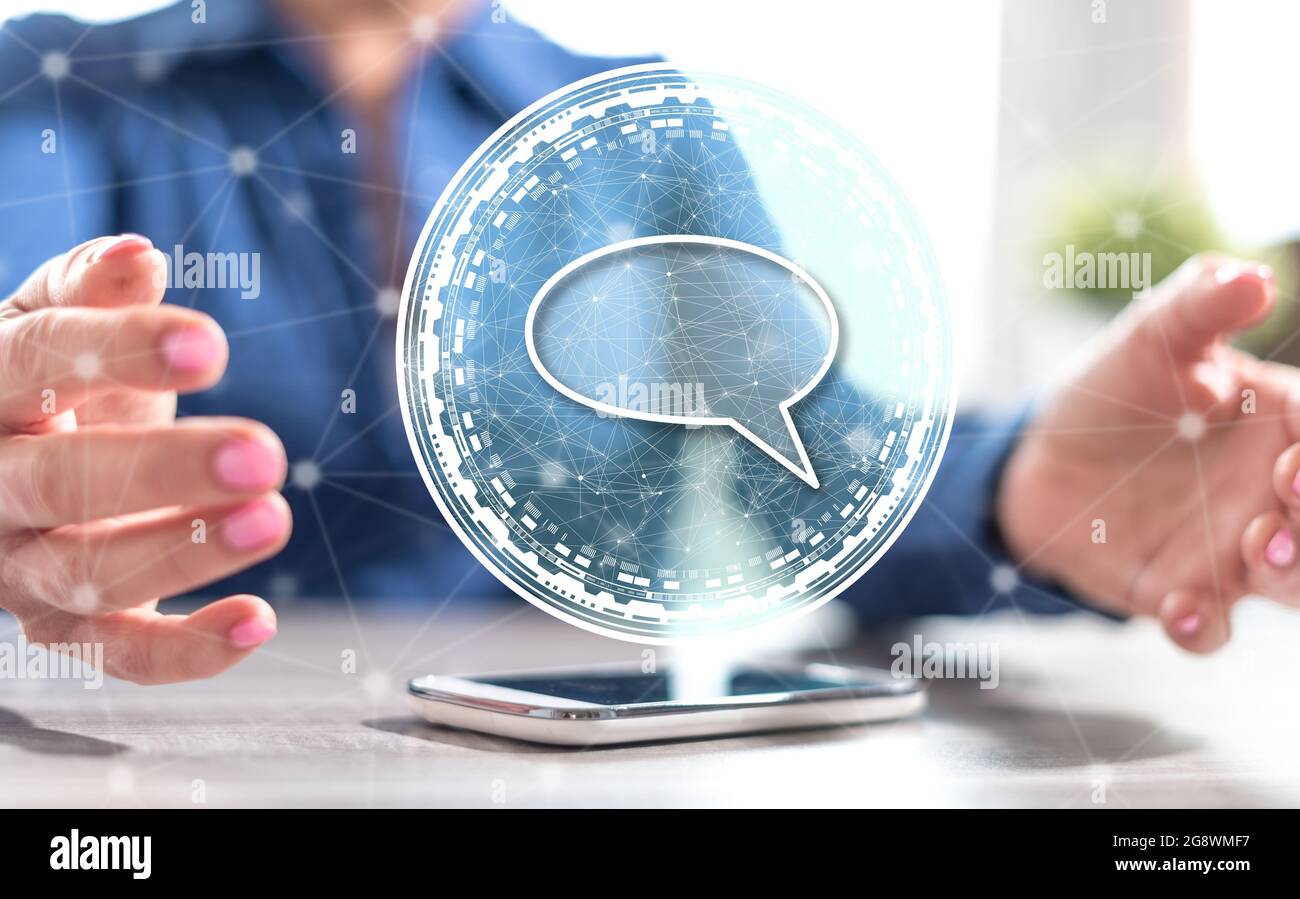 Smartphone with global communication concept between hands of a woman ...