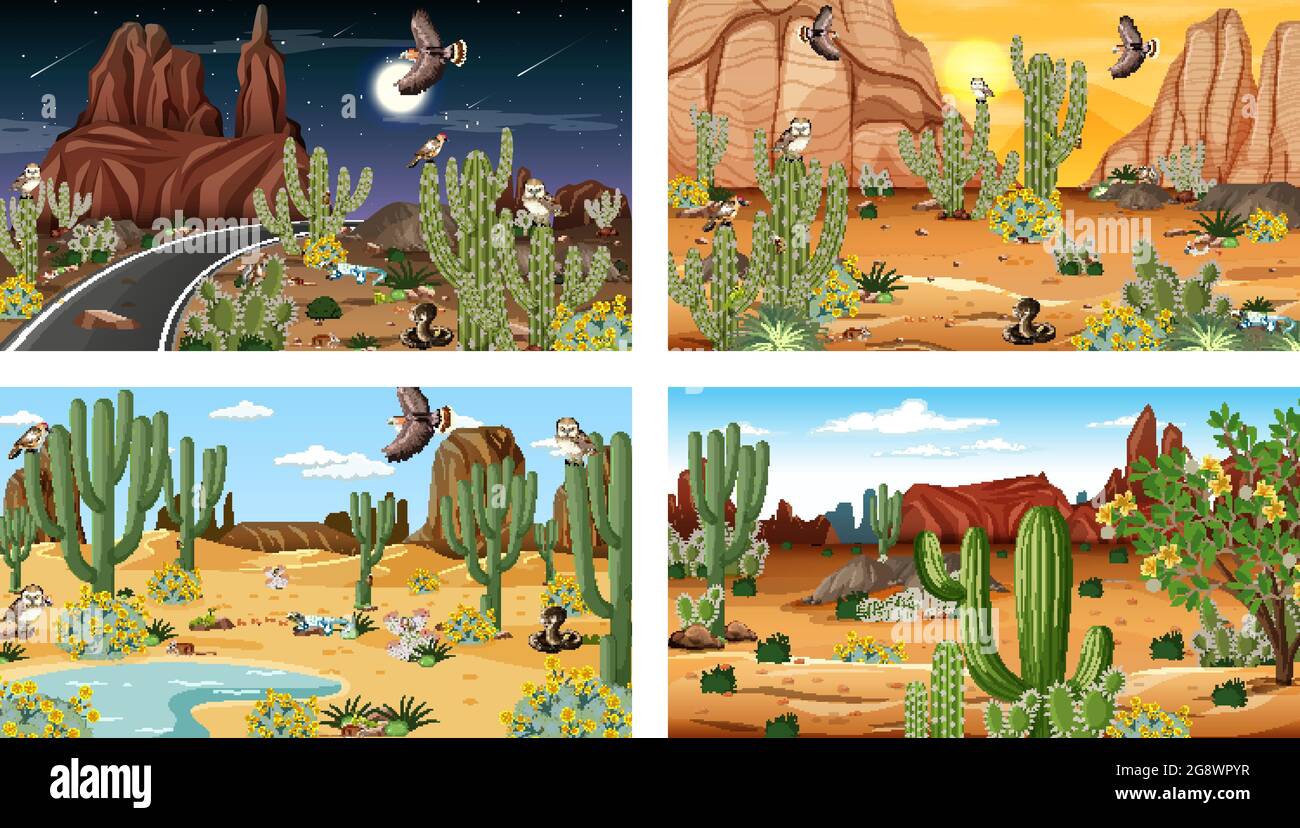 Different scenes with desert forest landscape with animals and plants ...