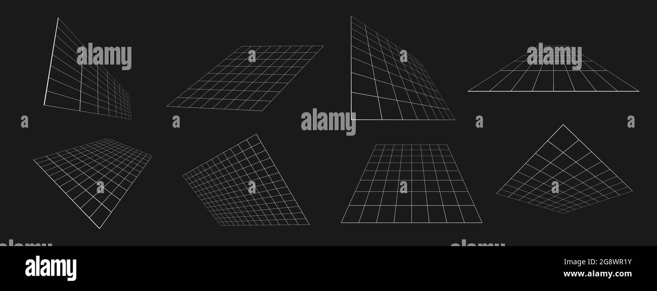 Set of retrofuturistic perspective grids at an angle. Cyber design elements. Collection of grids ...