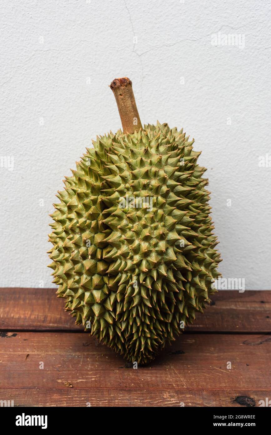 Mon Thong durian fruit on wooden plank background. Regarded by many ...