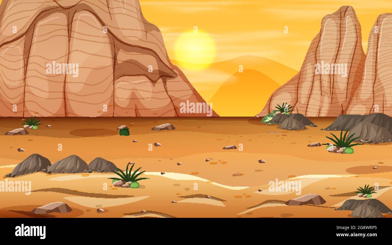 Empty desert forest landscape at sunset time scene illustration Stock ...