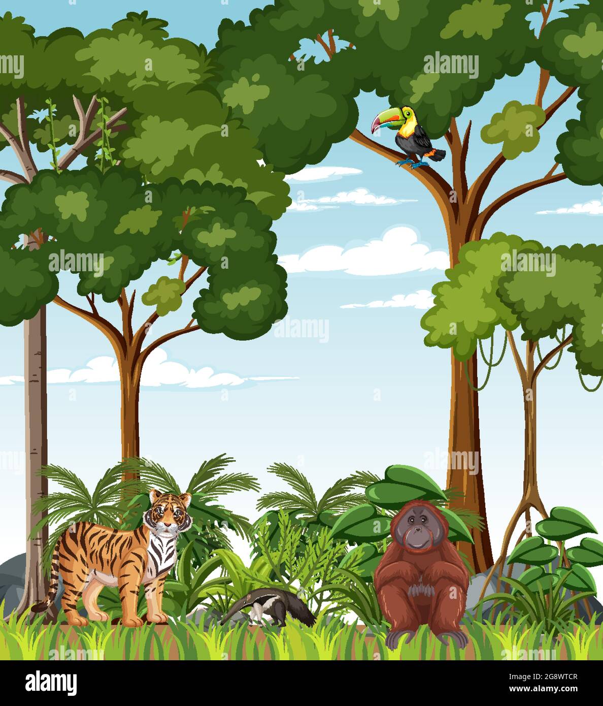 Tropical rainforest scene with various wild animals illustration Stock ...