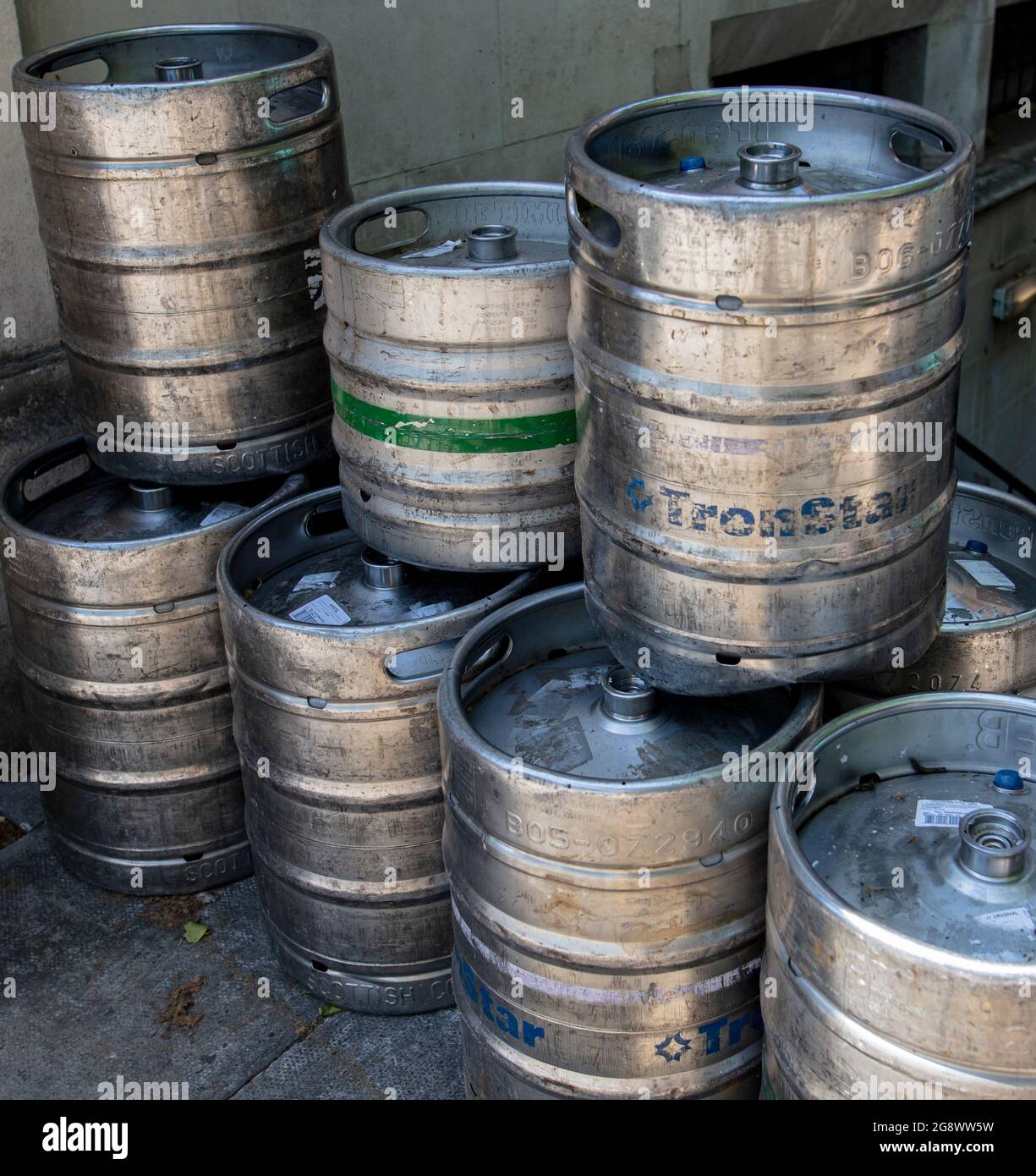 Stack of beer barrels outside public house in central London Stock ...