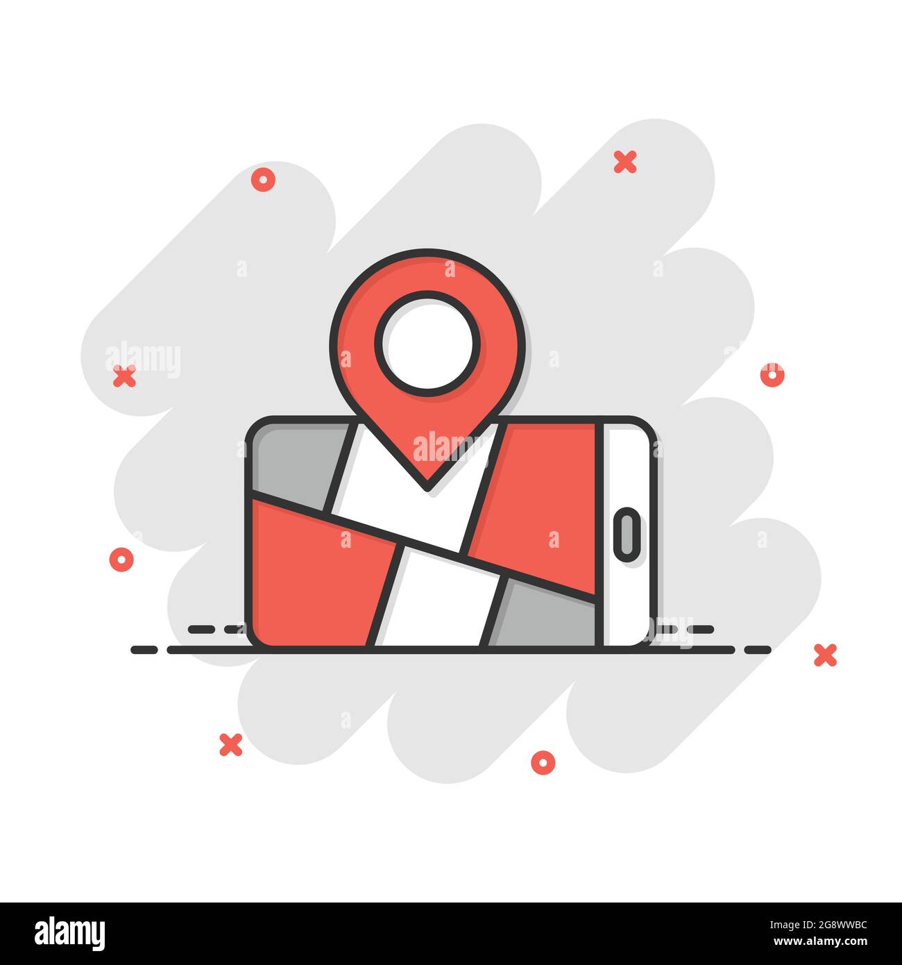 Smartphone map icon in comic style. Mobile phone gps navigation cartoon ...