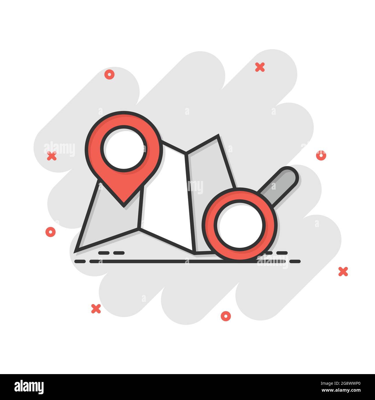 Map with magnifier icon in comic style. Gps navigation cartoon vector ...