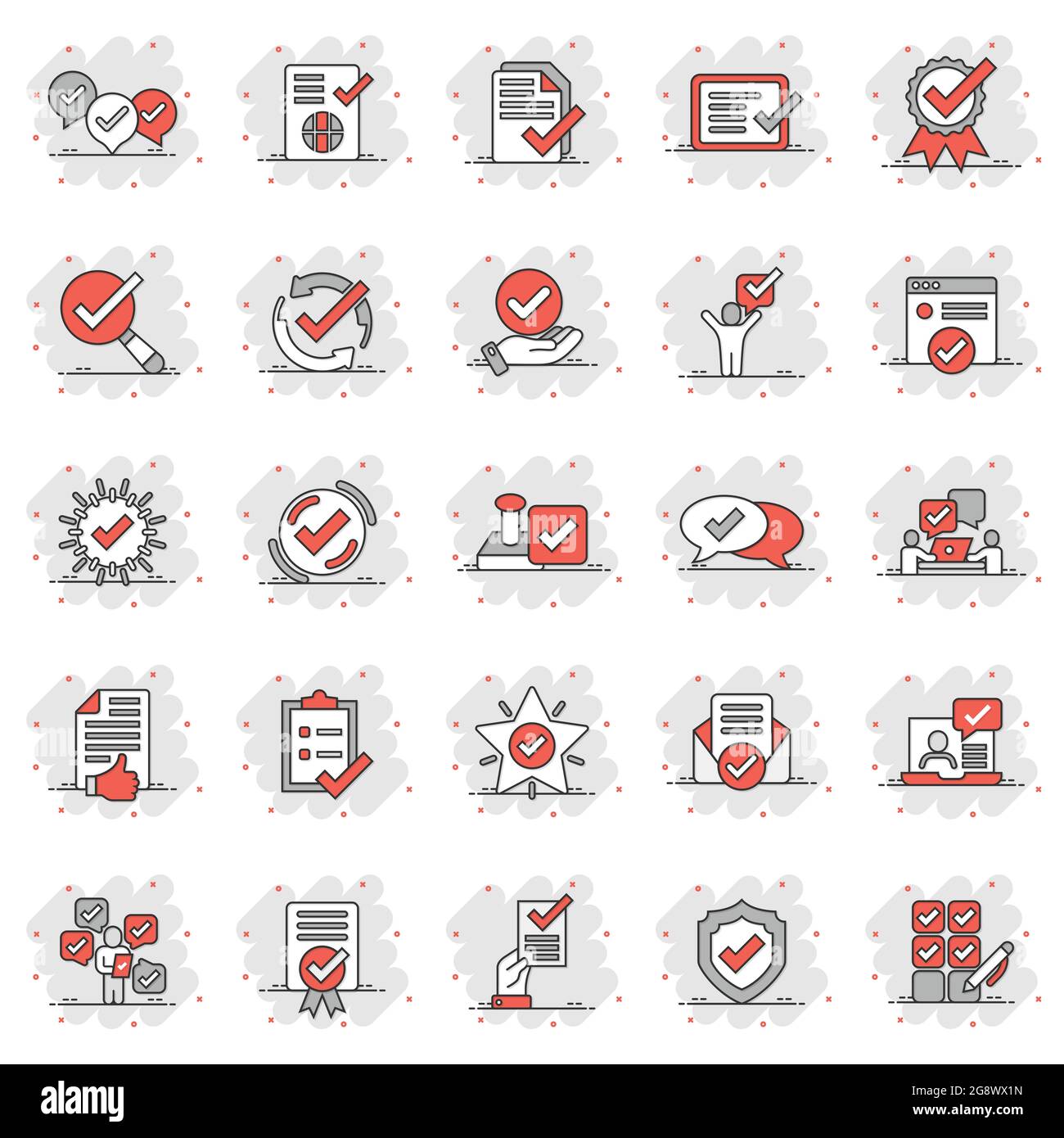 Approve icon set in comic style. Check mark cartoon vector illustration ...