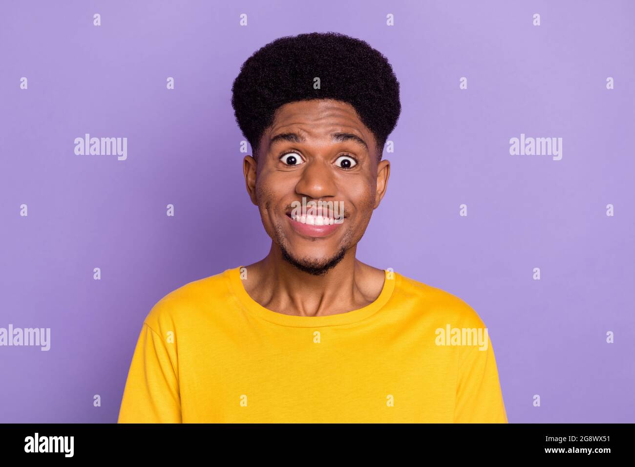 Portrait of attractive cheerful guy candid smile good mood news staring ...