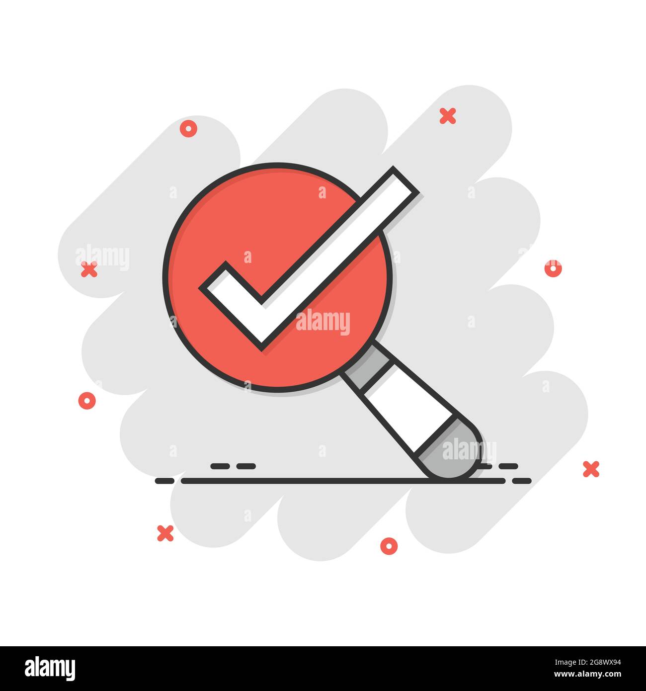 Check mark with magnifying glass icon in comic style. Loupe accept ...