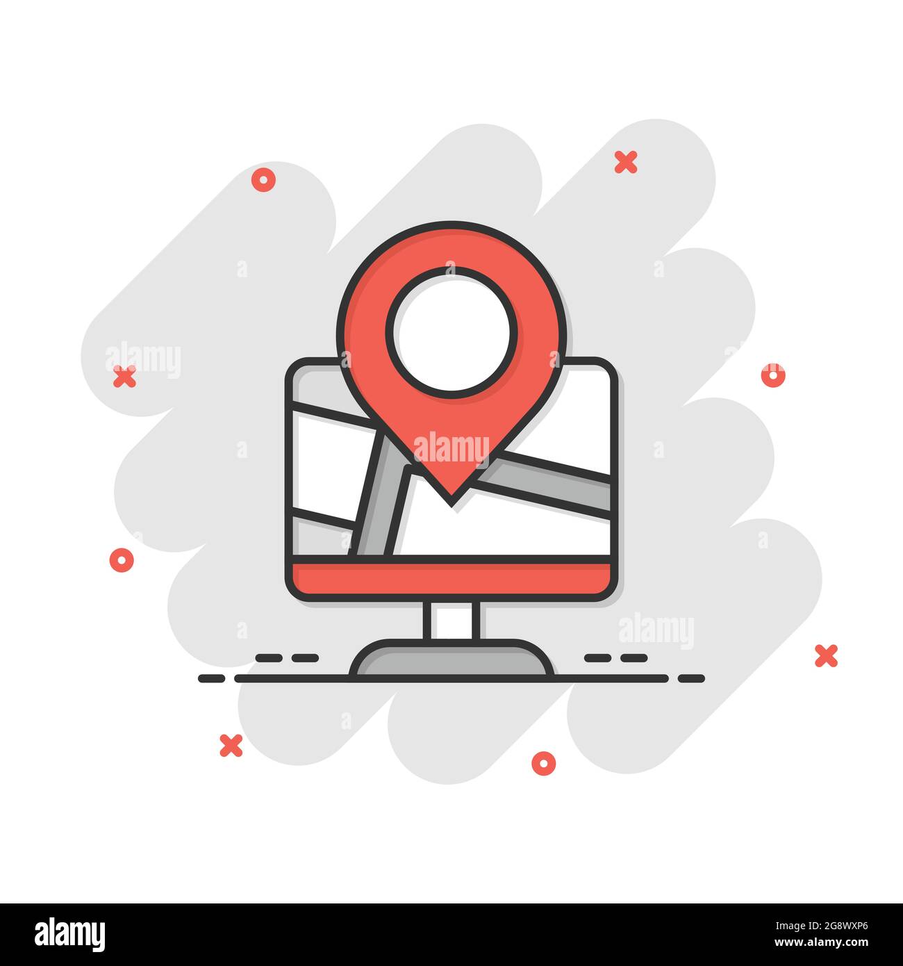 Computer navigation icon in comic style. Monitor pin gps cartoon vector ...