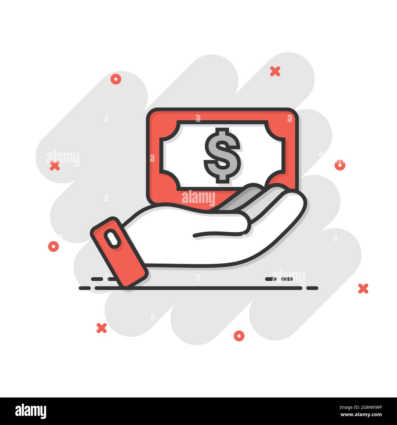 Remuneration icon in comic style. Money in hand cartoon vector ...