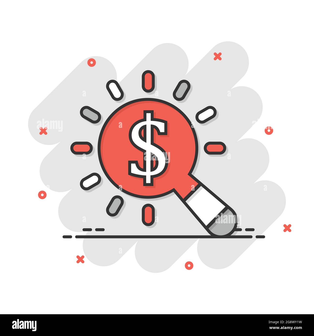 Magnifier glass with money icon in comic style. Dollar search cartoon ...