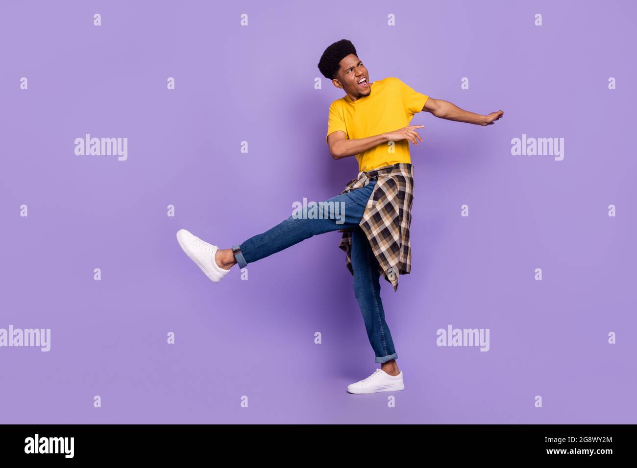 Full length body size view of attractive cool funky guy dancing having ...