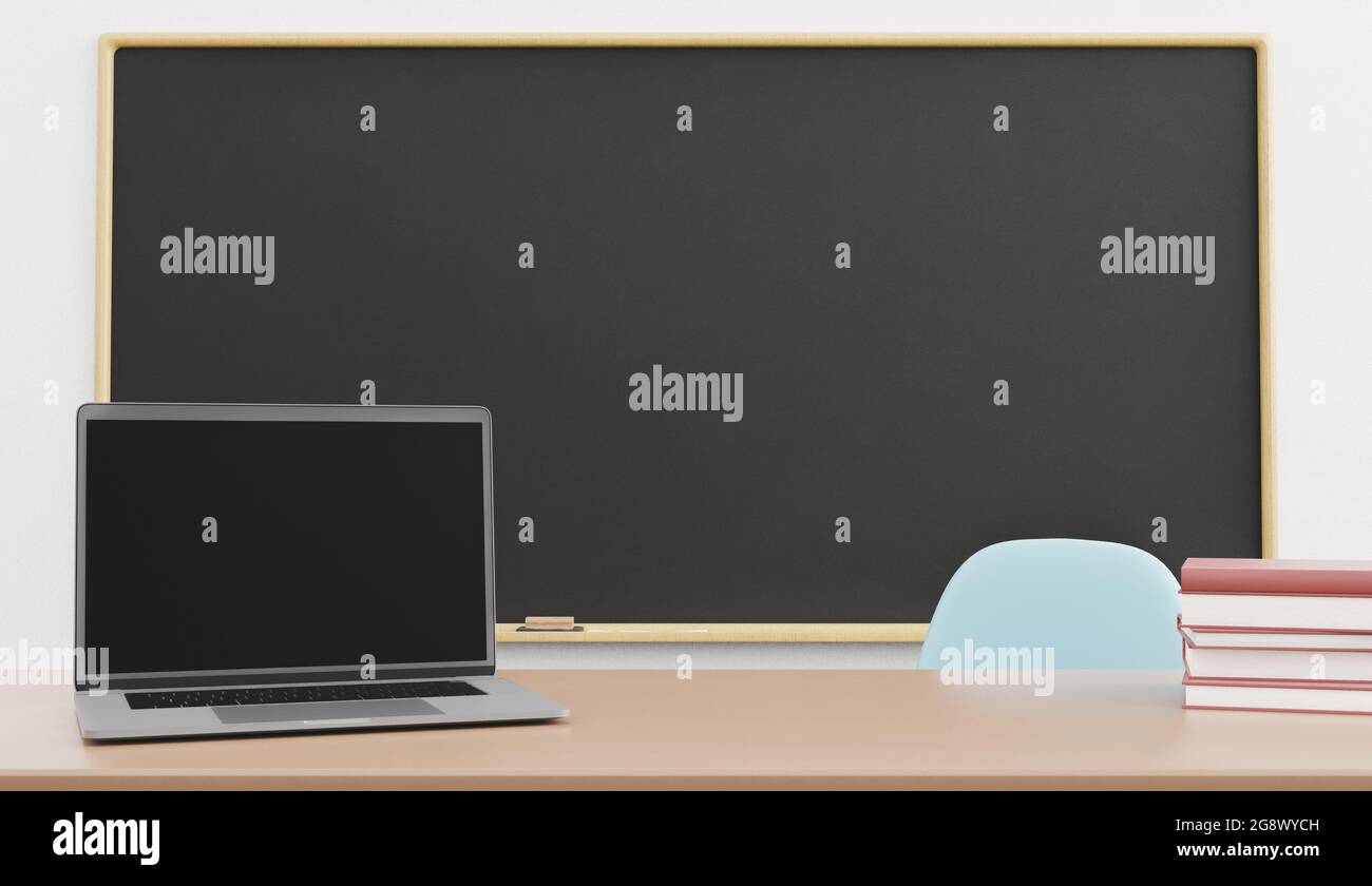 table with laptop mockup and empty chalkboard behind in a classroom. 3d ...