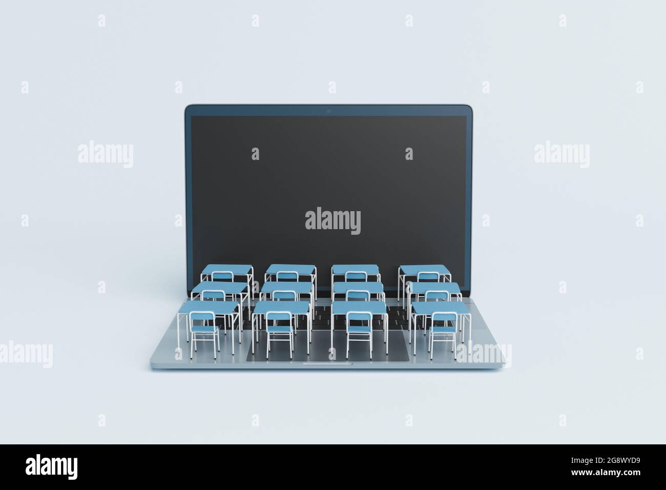 front view of laptop with black screen and desks above the keyboard ...