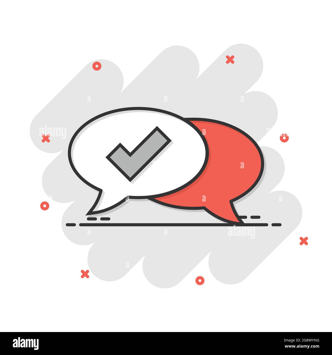 Speak chat sign icon in comic style. Speech bubble with check mark ...