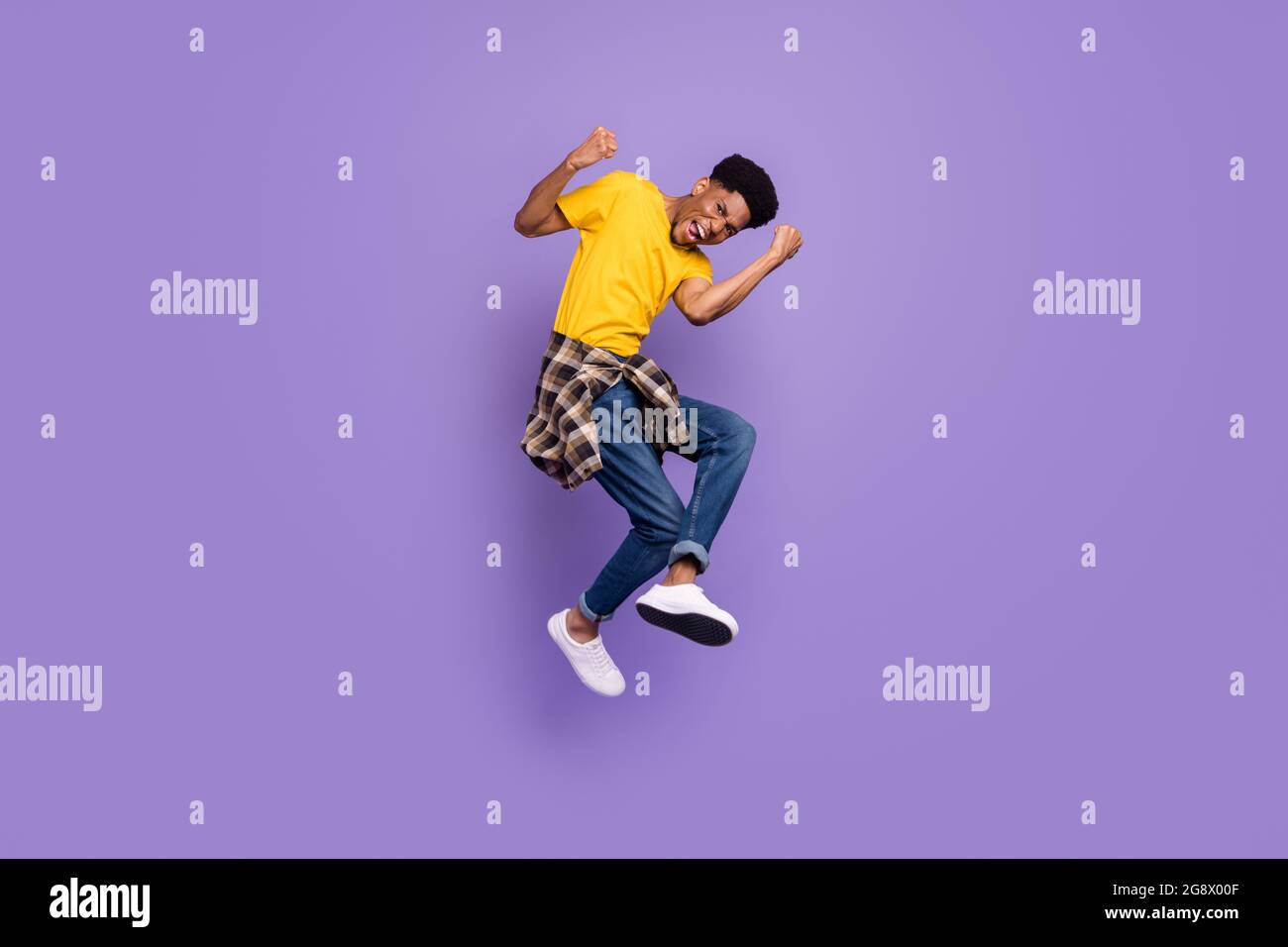 Full length body size view of attractive cheerful lucky guy jumping ...