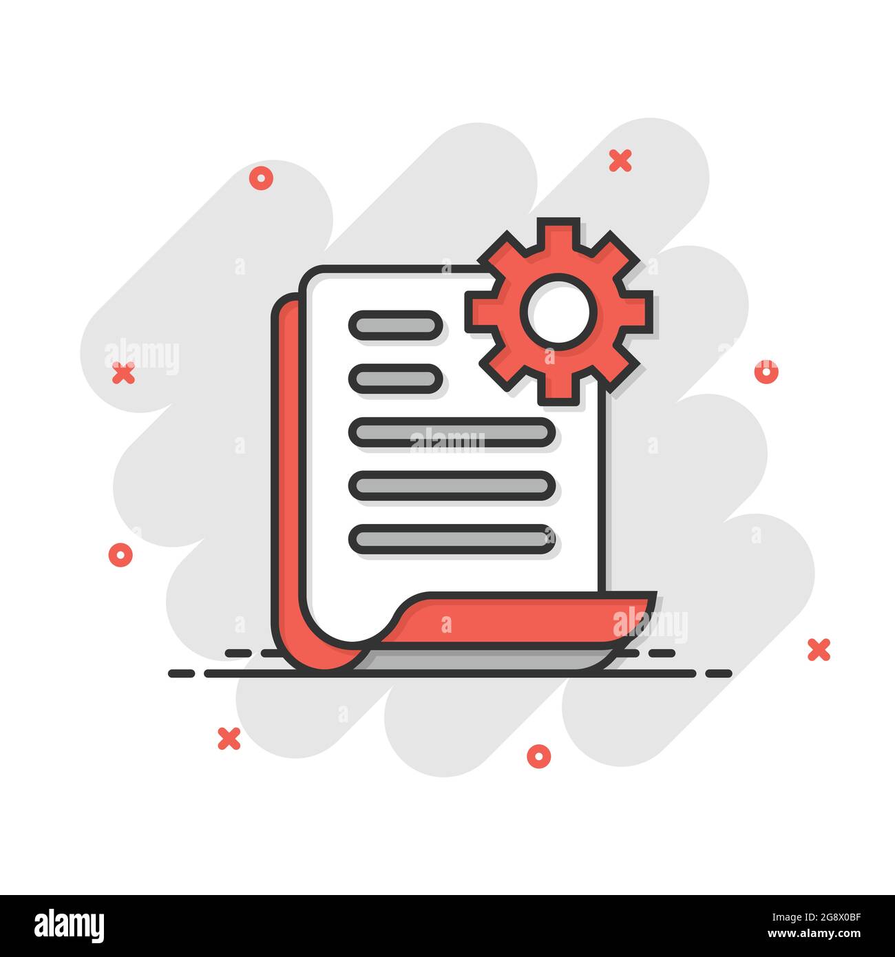 Document with gear icon in comic style. Big data processing cartoon ...