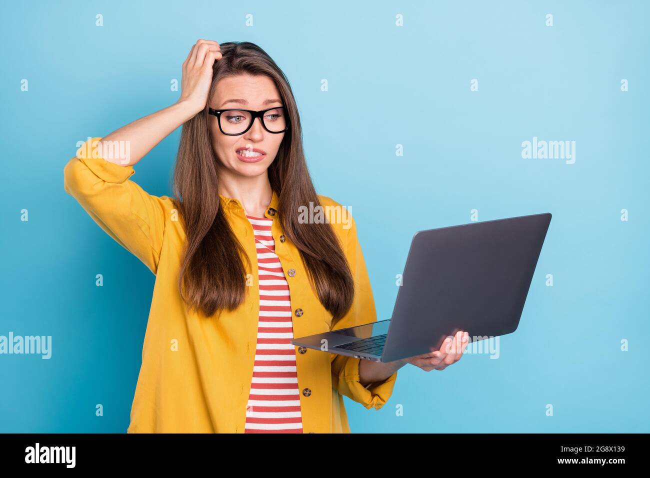 Photo of young woman unhappy upset hand touch head fail mistake problem ...