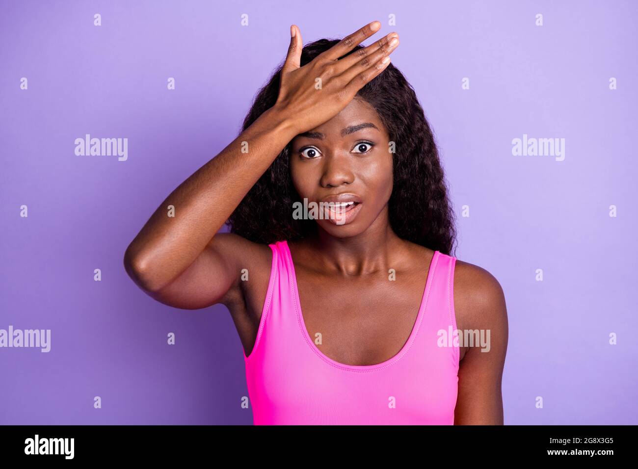Photo of young black woman unhappy upset hand touch forehead fail ...
