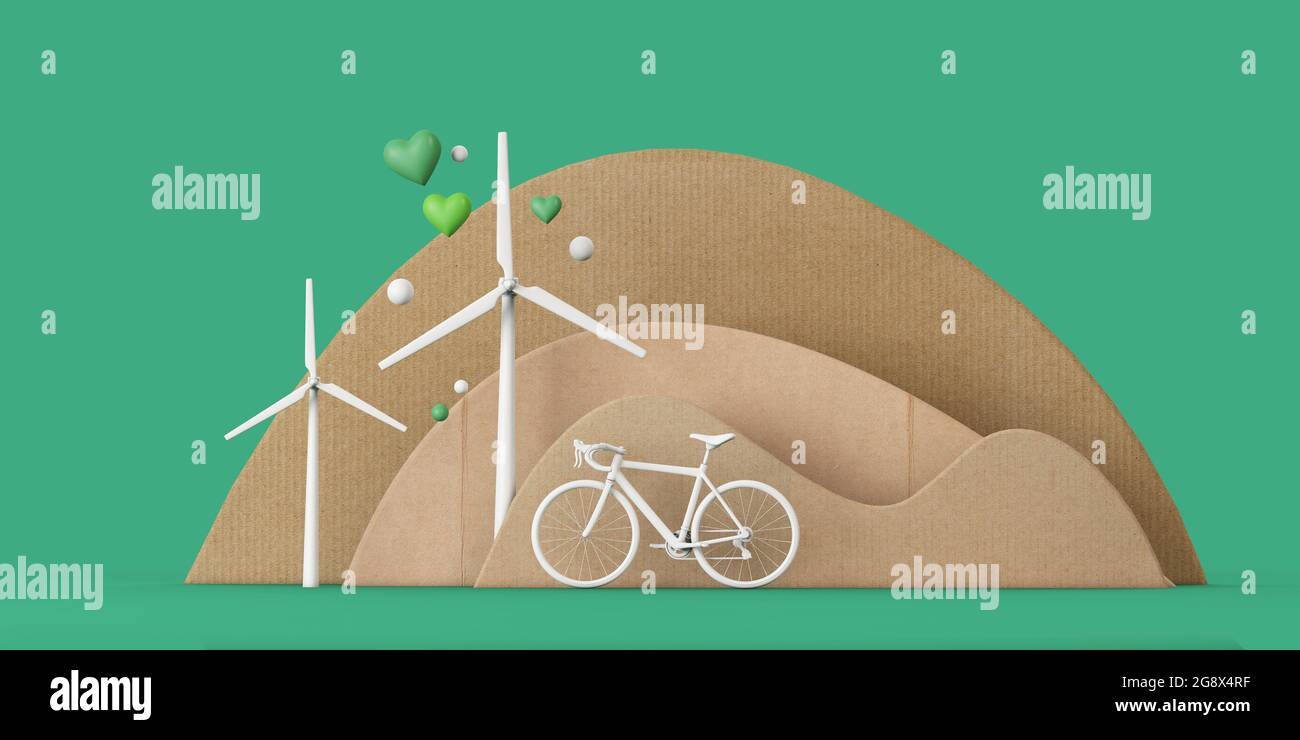 Sustainable energy wind turbine in an eco cardboard landscape. 3D ...