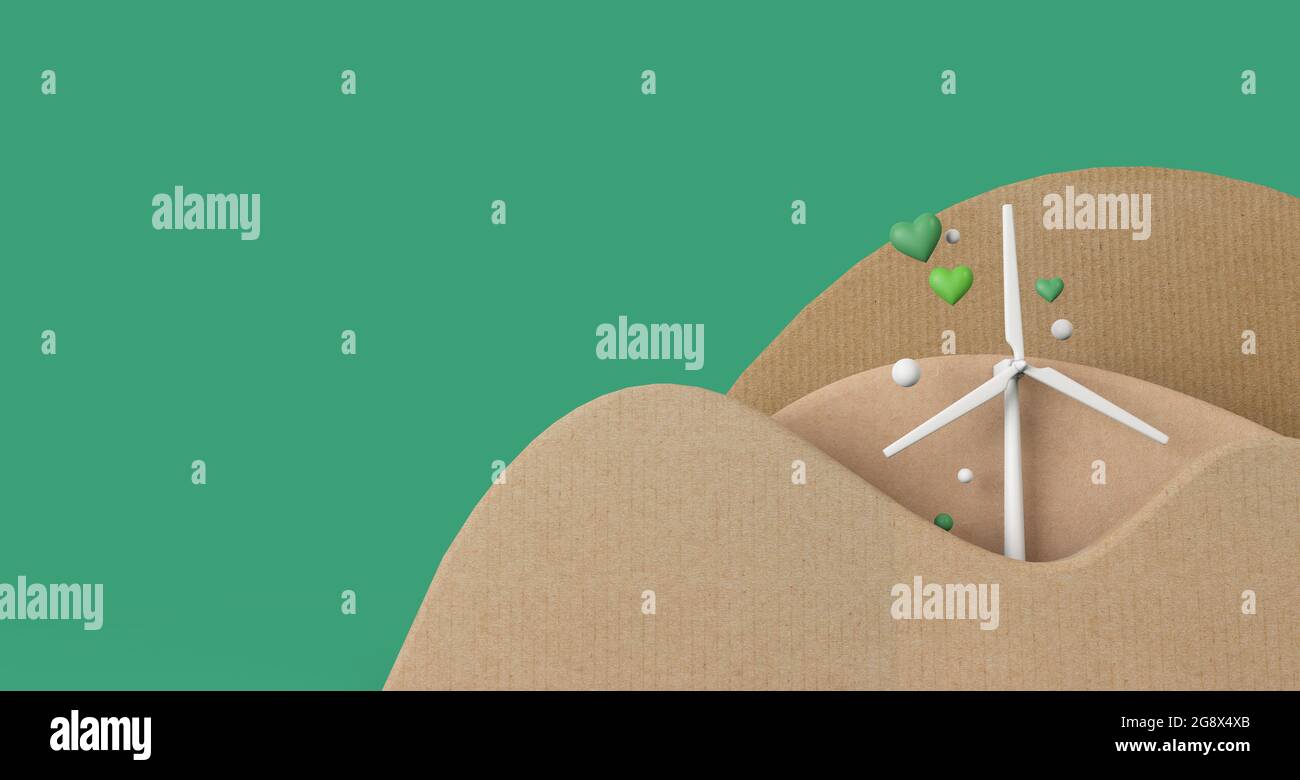 Sustainable energy wind turbine in an eco cardboard landscape. 3D ...
