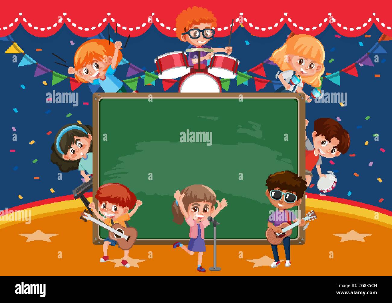 Empty blackboard with kids playing different musical instruments ...