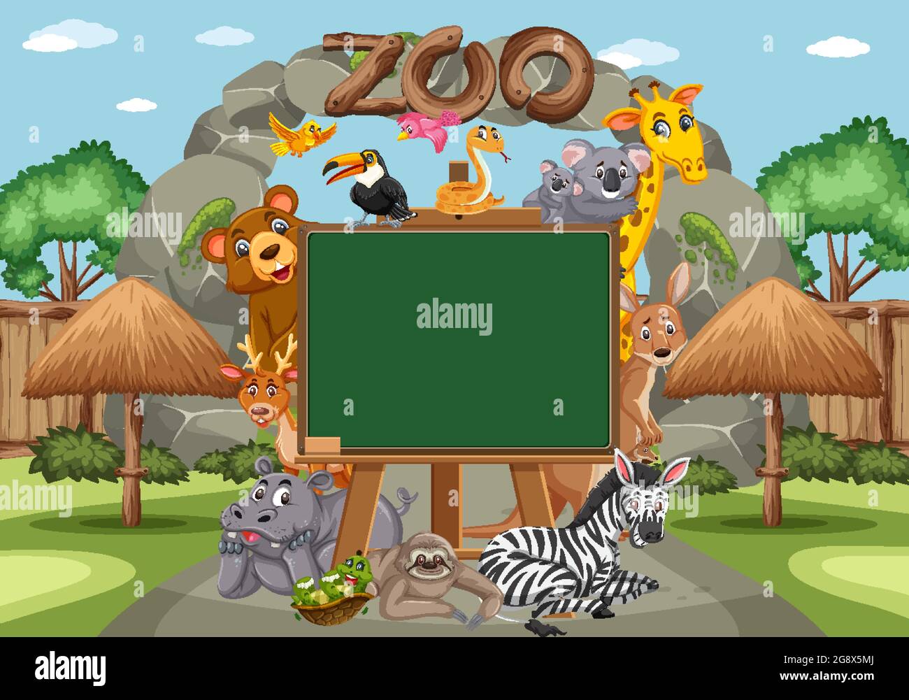 Empty blackboard with various wild animals in the zoo illustration ...
