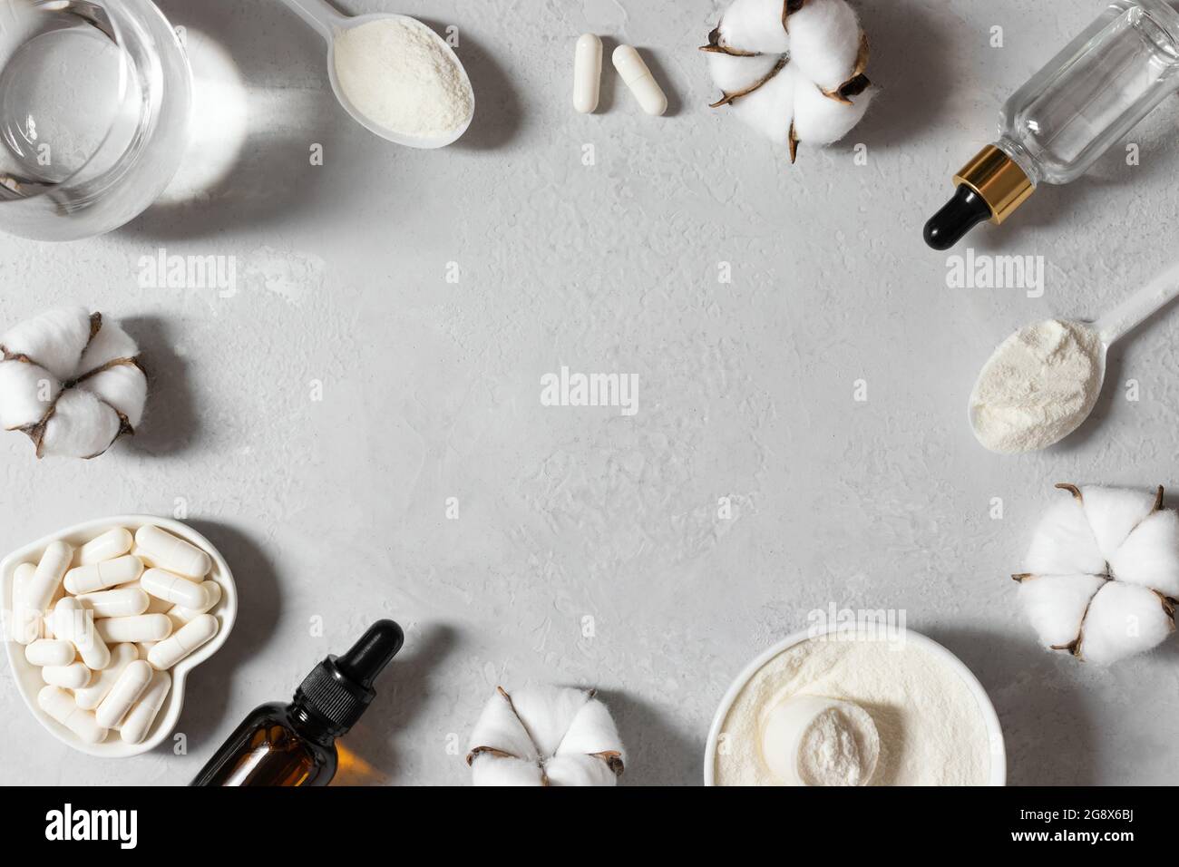 Set of collagen. Collagen powder, pills and liquid concentrate on a ...