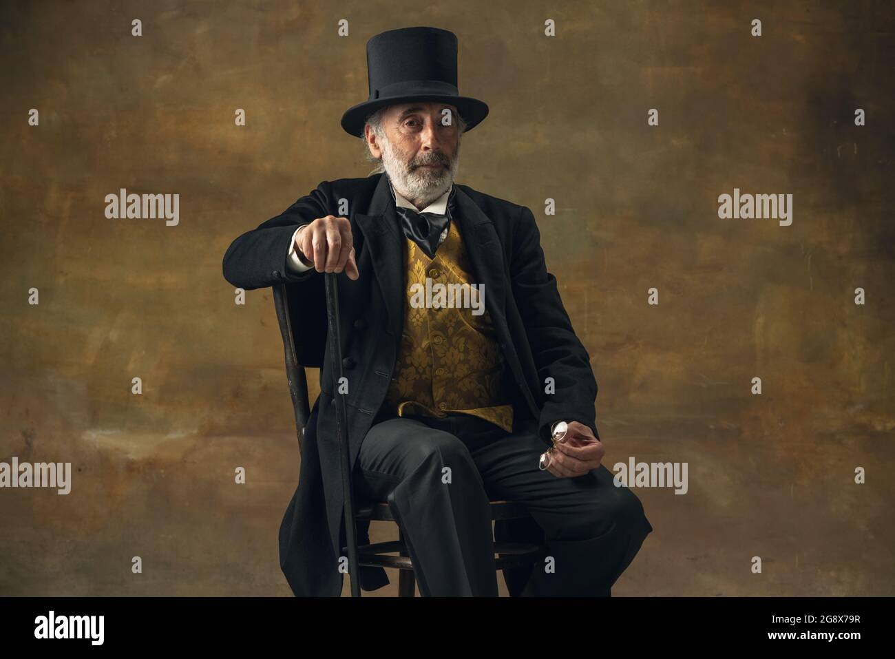 Half-length retro portrait of sad elderly gray-haired man, gentleman ...