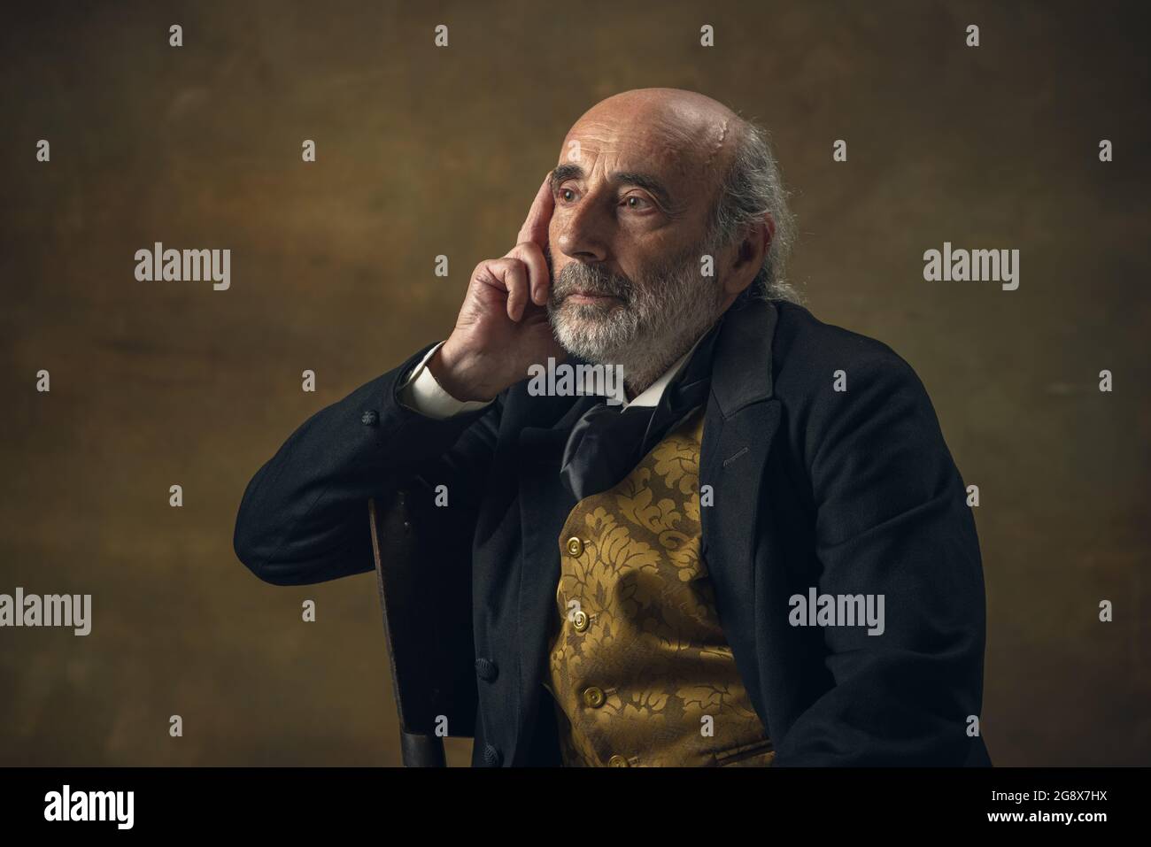 Half-length retro portrait of sad elderly gray-haired man, gentleman ...