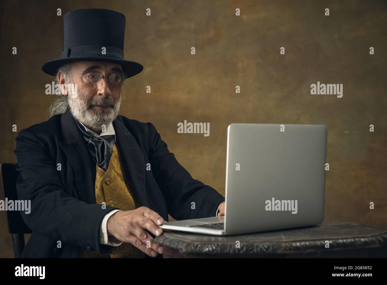 Half-length retro portrait of sad elderly gray-haired man, gentleman ...