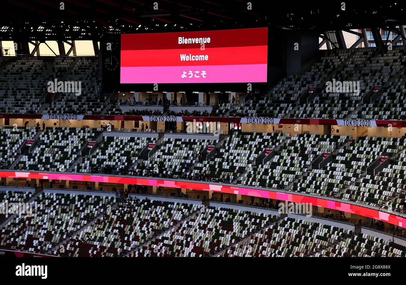 Tokyo. 23rd July, 2021. Photo taken on July 23, 2021 shows empty stands ...