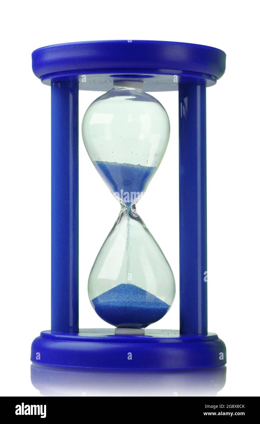 Blue hourglass isolated on white Stock Photo - Alamy