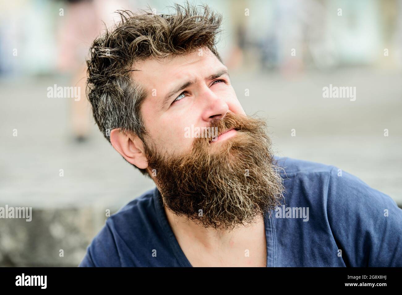 Thinking and hesitating. Bearded man concentrated face. Thoughtful mood ...