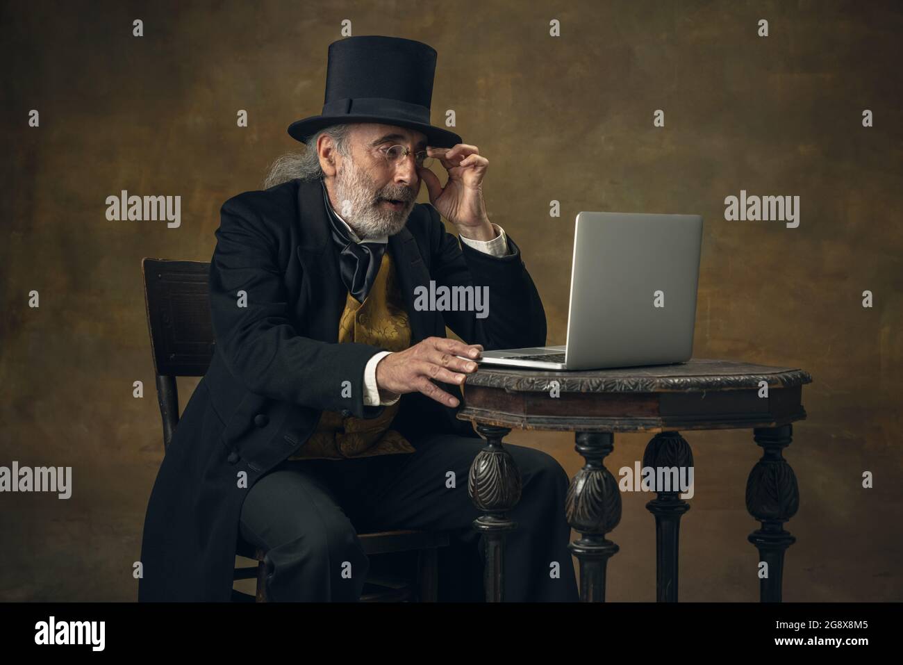 Half-length retro portrait of sad elderly gray-haired man, gentleman ...