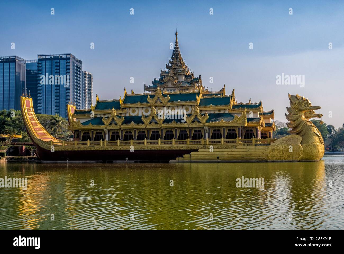 Yangon, Myanmar at Karaweik Palace in Kandawgyi Royal Lake Stock Photo ...