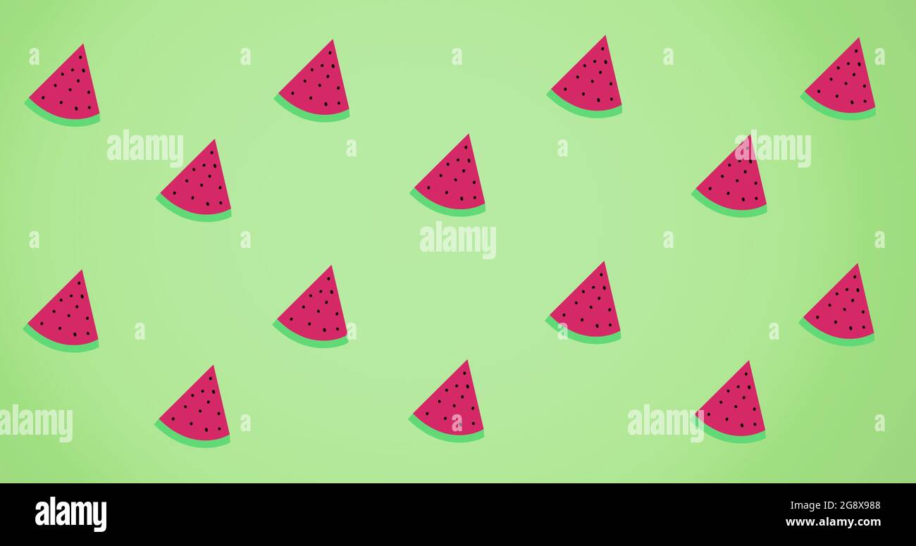 Composition of rows of watermelon slices on green background Stock ...