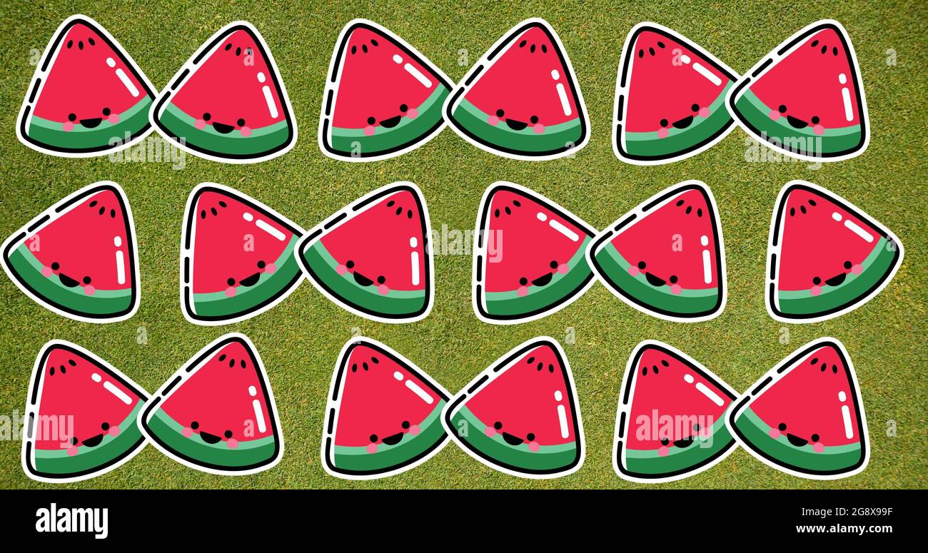 Composition of rows of watermelon slices on green background Stock ...