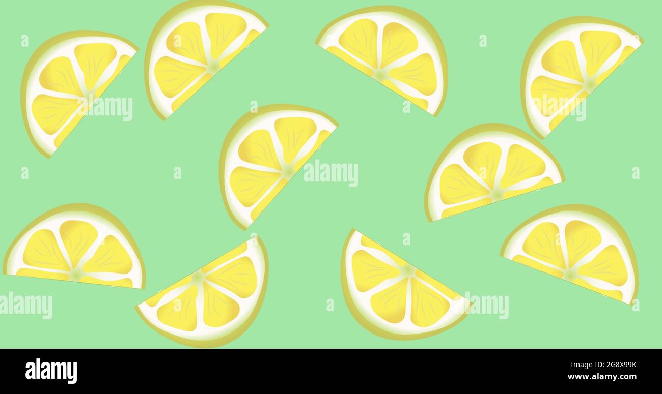 Composition of lemon slices on green background Stock Photo - Alamy