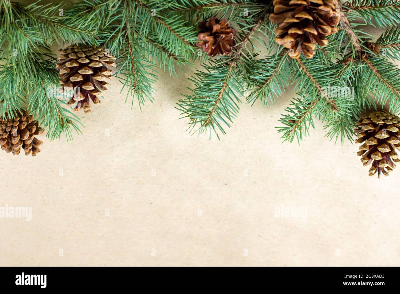 Border of fir tree branch with cones on craft paper for christmas card ...
