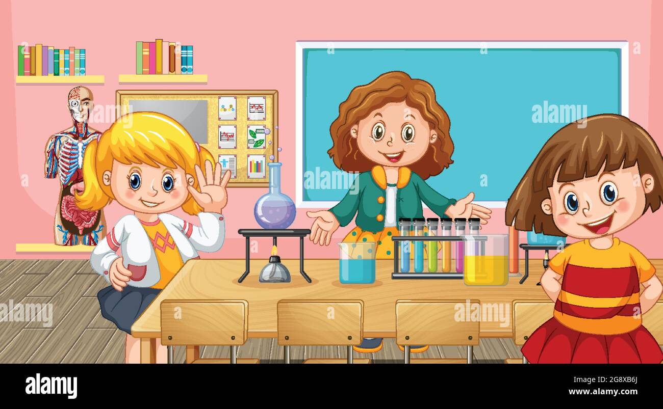Happy kids doing chemistry experiment in the classroom illustration ...