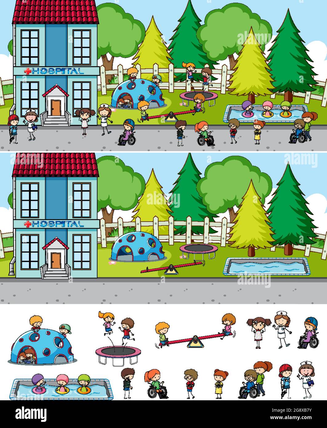 Set of different horizontal scenes background with doodle kids cartoon ...