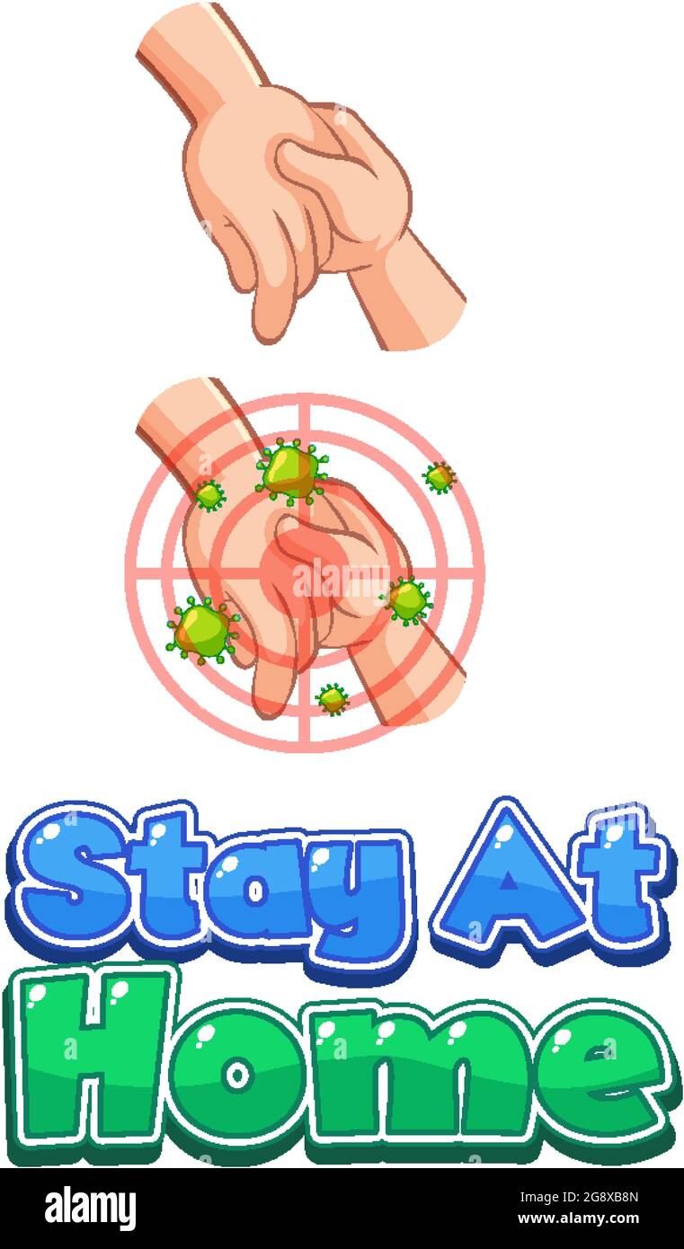 Stay At Home font design with virus spreads from shaking hands on white ...
