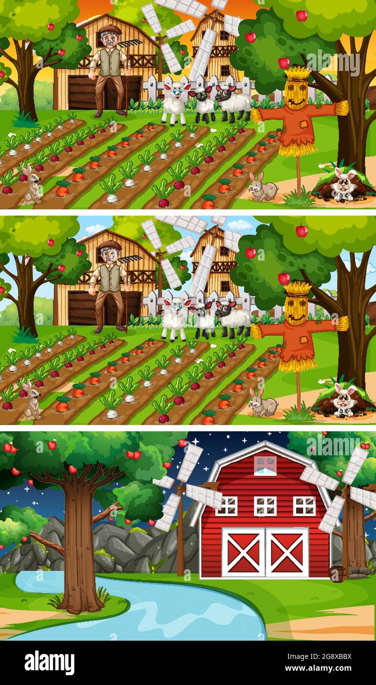 Different farm scenes with old farmer and animal cartoon character ...