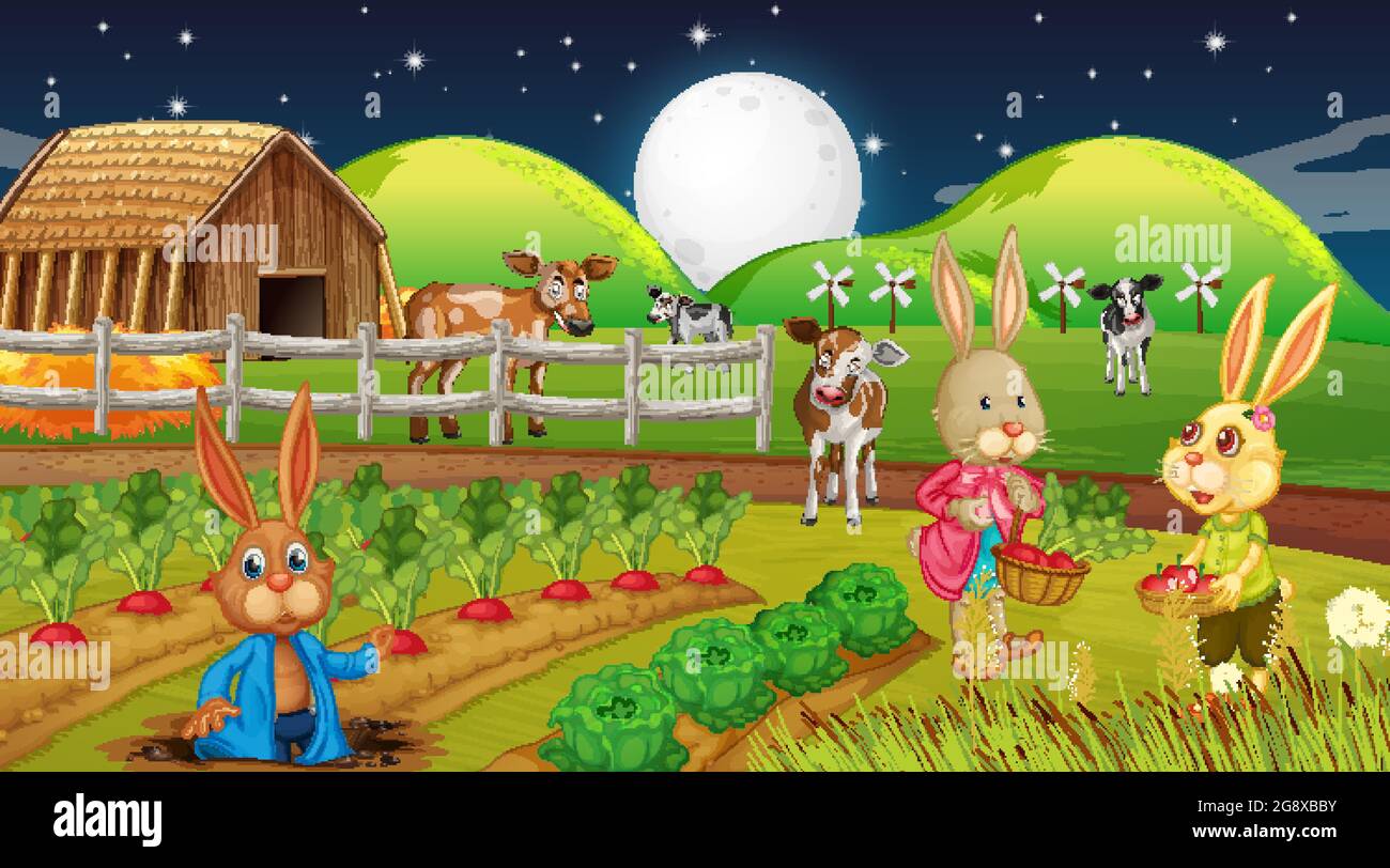 Farm at night scene with rabbit family illustration Stock Vector Image ...