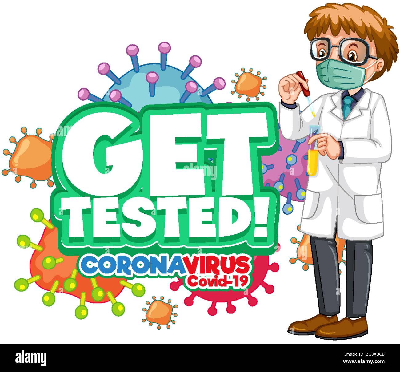 Get Tested font in cartoon style with a doctor man cartoon character ...