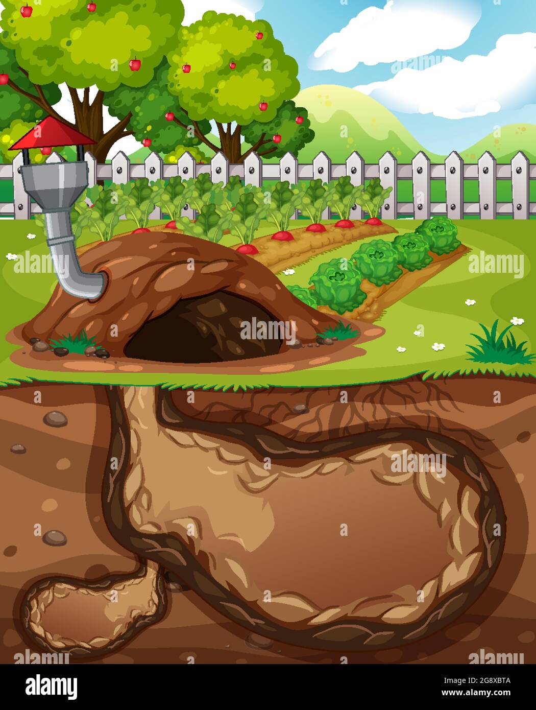 Underground animal hole with ground surface of the garden scene ...