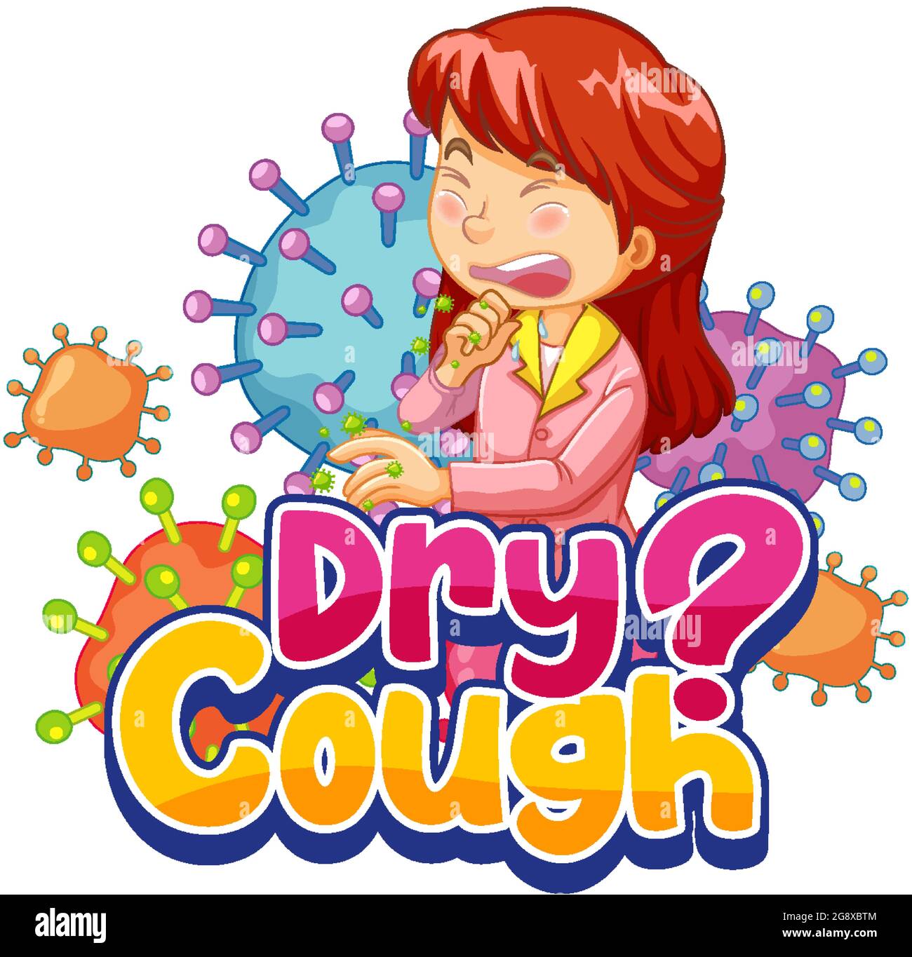 Dry Cough font in cartoon style with a woman sneezing isolated on white ...