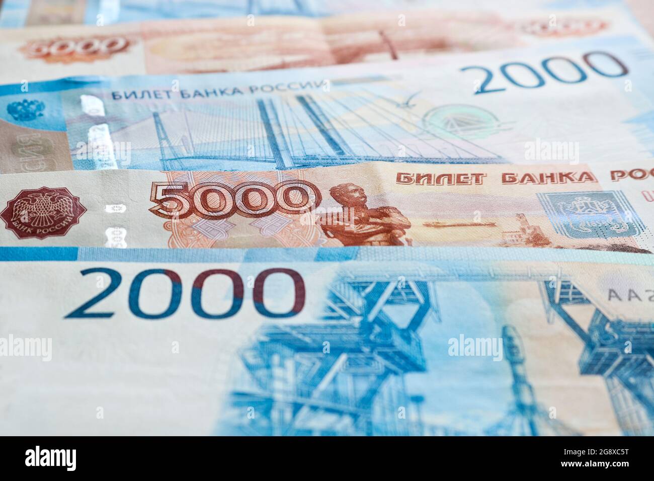 Russian rubles money background. Bills of 2000 and 5000 rubles ...